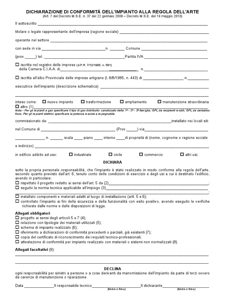 Dichiarazione Conformita Impianto | PDF