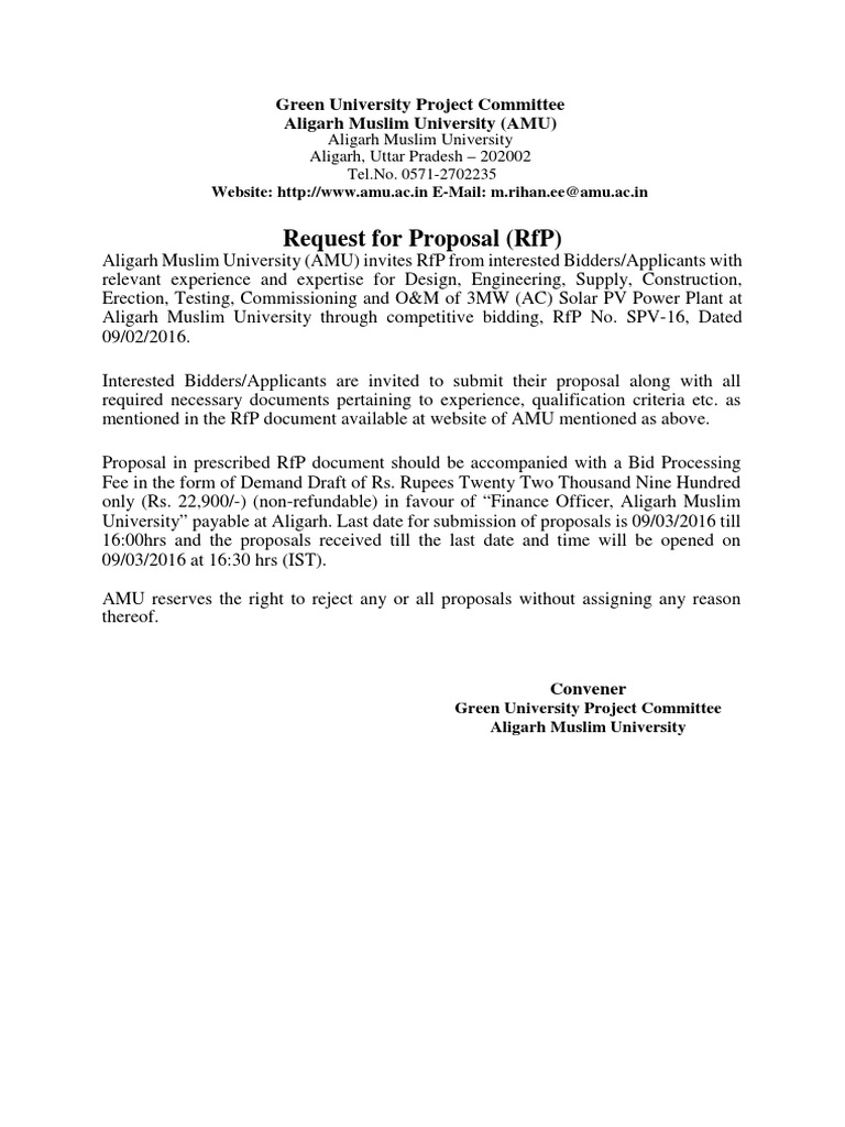 Request For Proposal (RFP) : Green University Project Committee Aligarh Muslim University (Amu ...