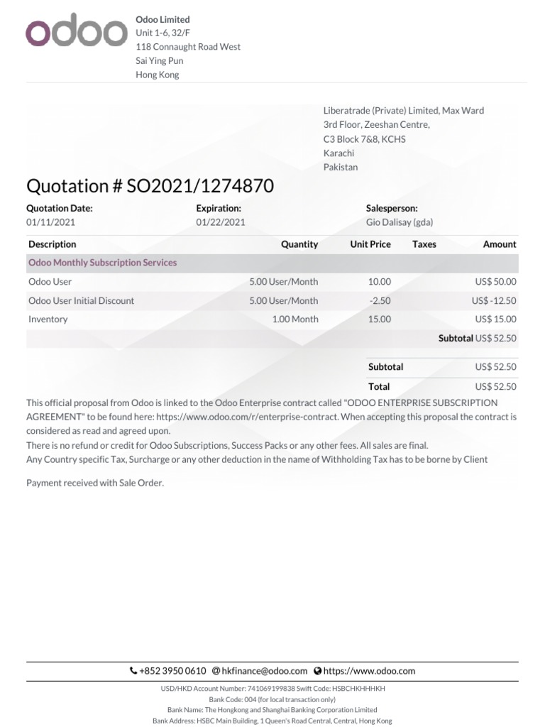 Quotation # SO2021/1274870: Quotation Date: Expiration: Salesperson ...