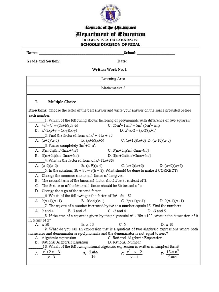 G8 Q1 WW1 Math | PDF | Mathematical Concepts | Mathematical Objects