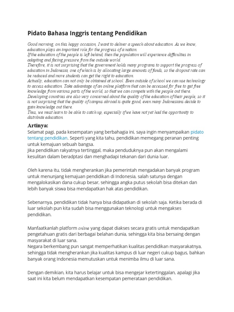 SPEECH Pidato Bahasa Inggris Tentang Pendidikan | PDF