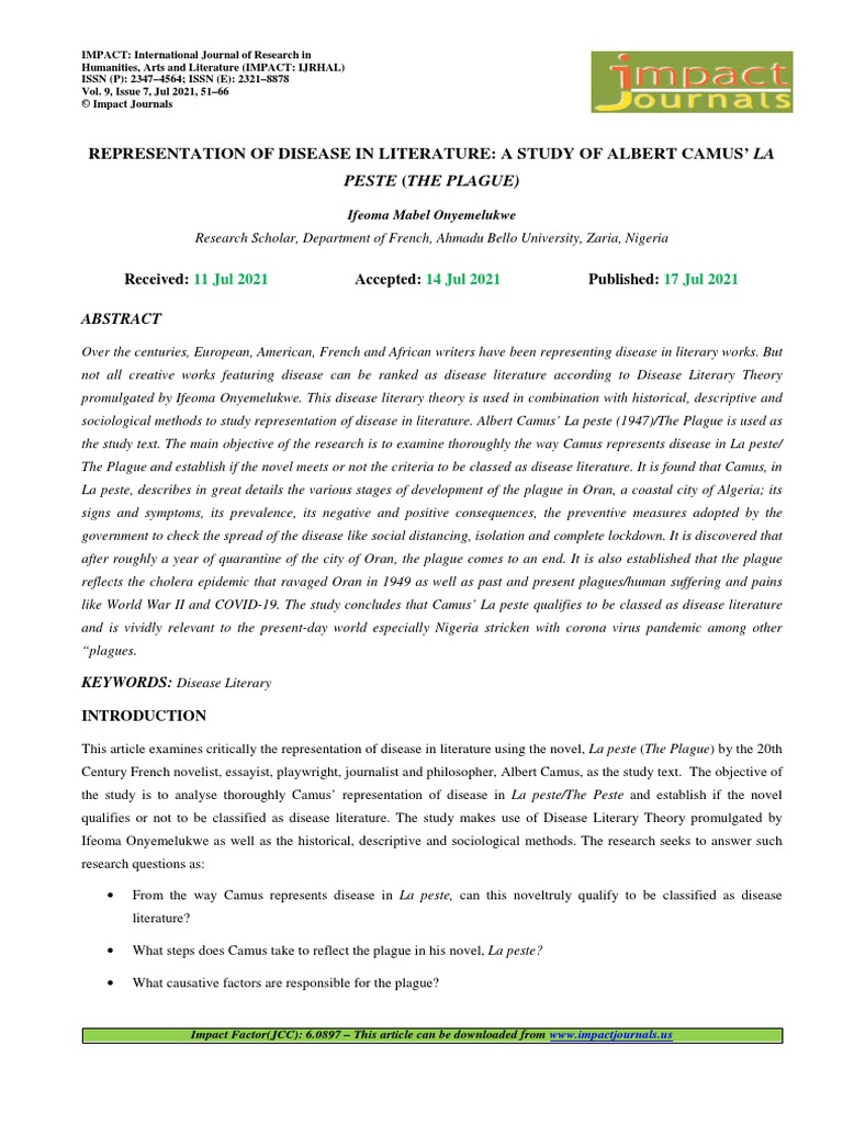 Representation of Disease in Literature: A Study of Albert Camus' La ...