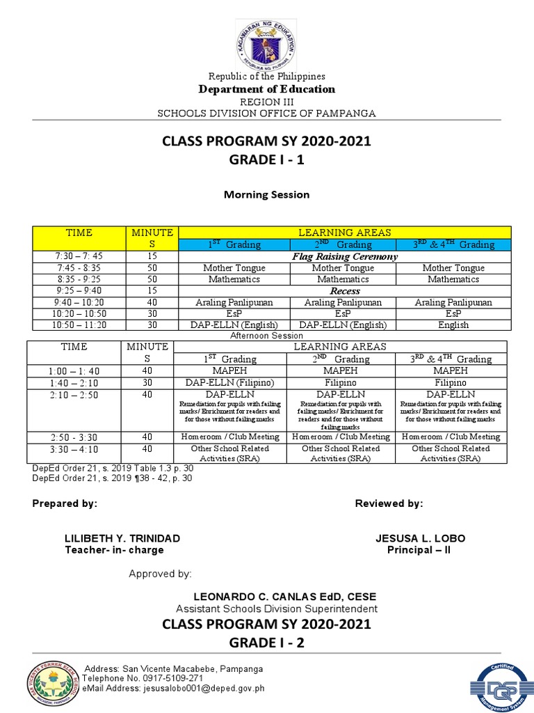 CLASS PROGRAM SY 2020-2021 Grade I - 1: Department of Education | PDF ...