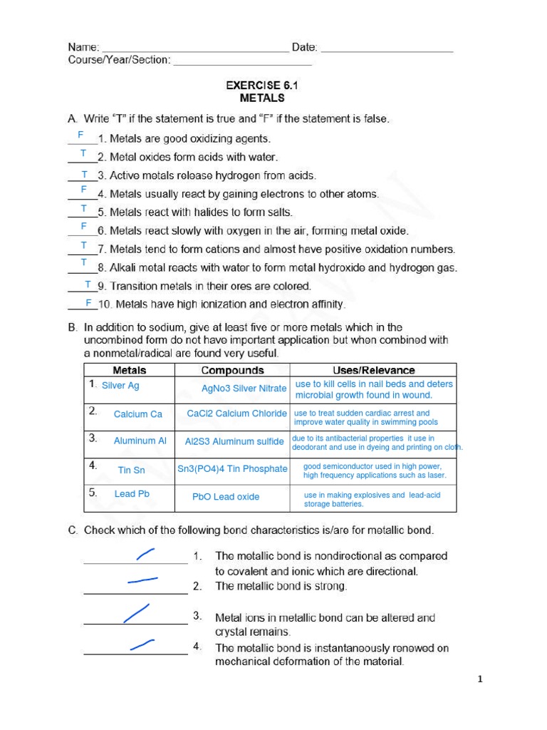 EXERCISE 6.1 On METALS. | PDF