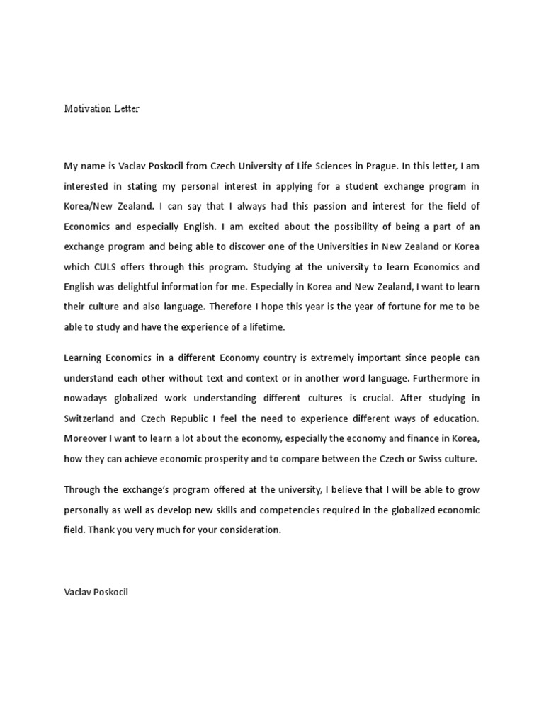 Erasmus Exchange Motivation Letter | PDF