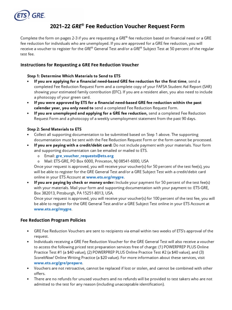 2021-22 GRE Fee Reduction Voucher Request Form | PDF | Graduate Record ...