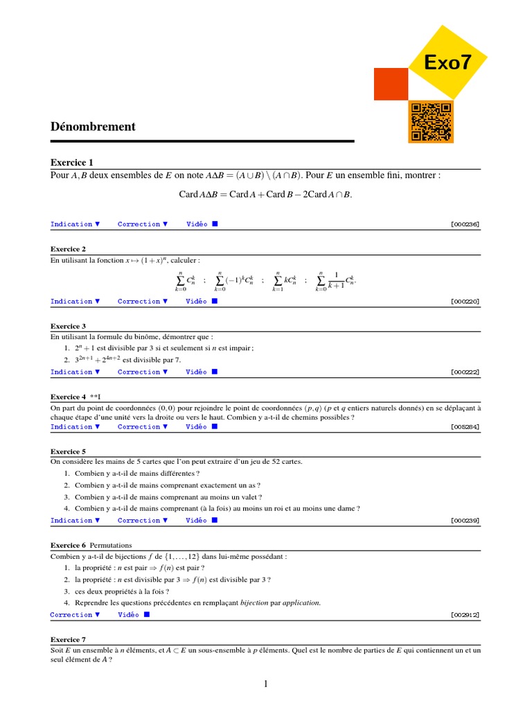 Exos Denombrement | PDF | Inclusion (mathématiques) | Concepts mathématiques
