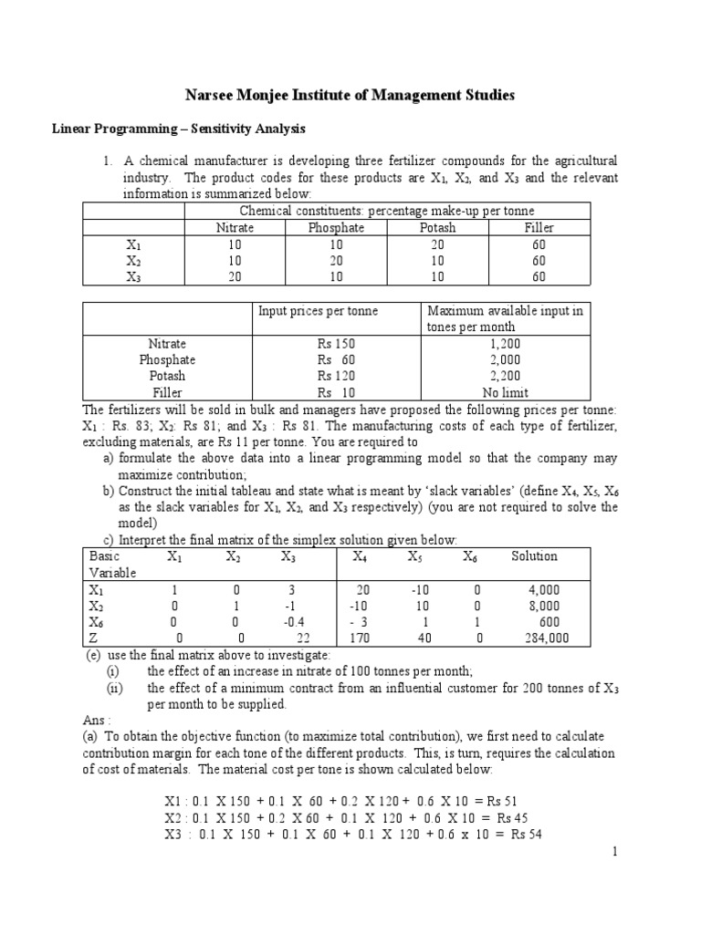 Narsee Monjee Institute of Management Studies: Linear Programming - Sensitivity Analysis | PDF ...
