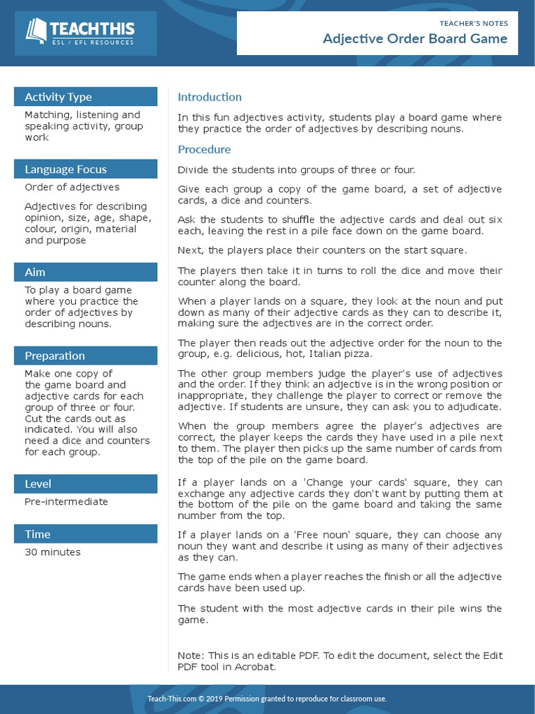 Adjective Order Board Game | PDF | Adjective | English As A Second Or ...
