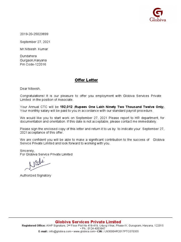 Offer Letter: Globiva Services Private Limited | PDF | Salary | Payroll Tax