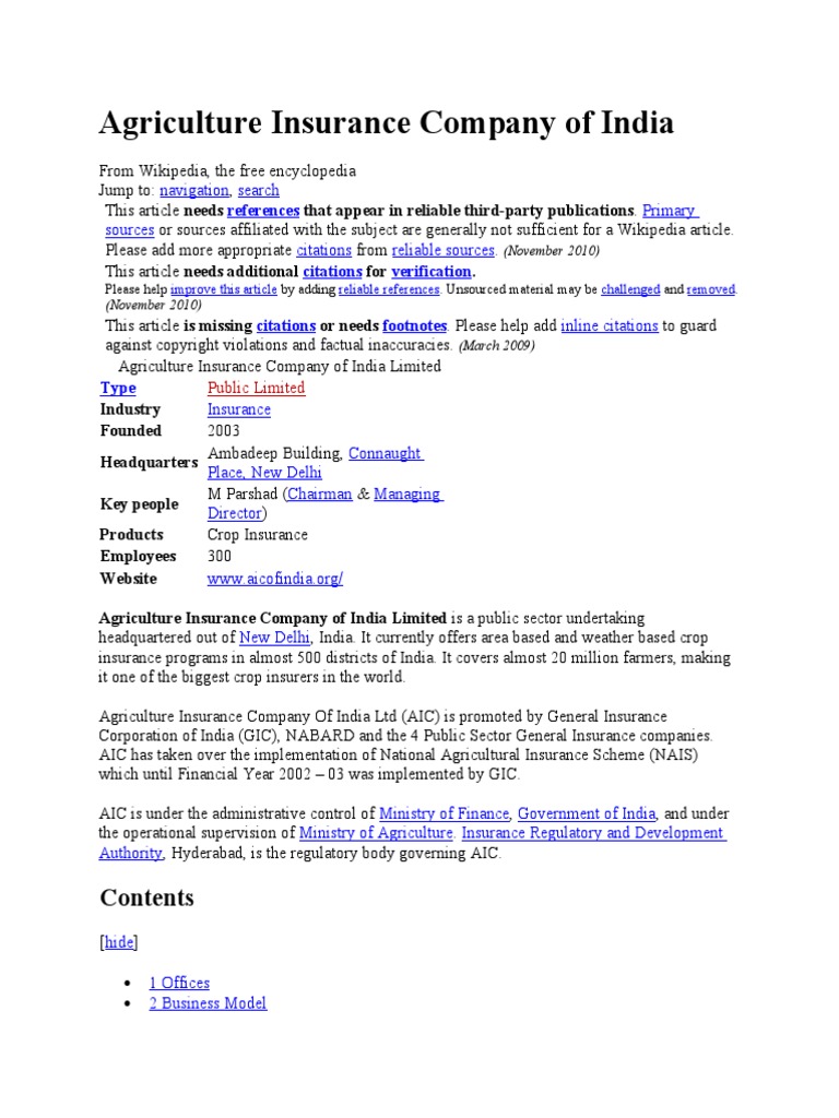 Agriculture Insurance Company of India | PDF | Agriculture | Insurance