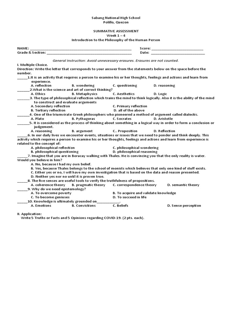 Philosophy of Human Person Assessment | PDF | Reason | Thought
