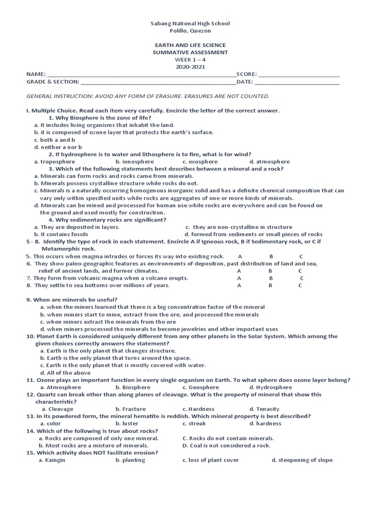 Summative Test Week 1 - 4 Earth and Life Science | PDF | Rock (Geology ...
