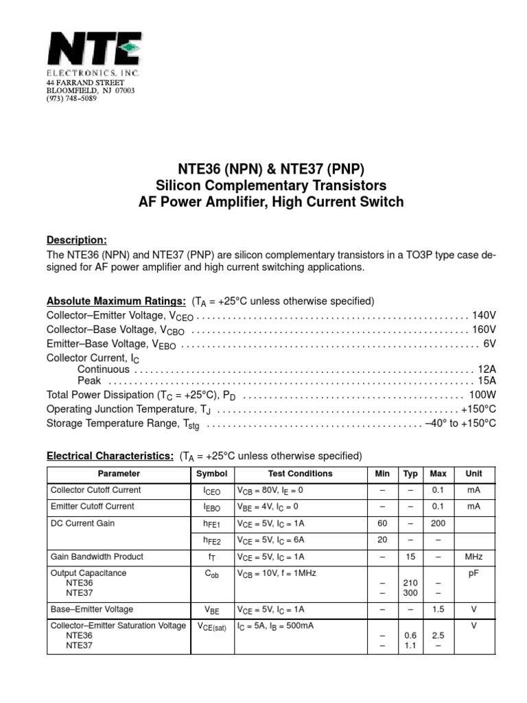 Nte36 Nte37 | PDF | Bipolar Junction Transistor | Electronics
