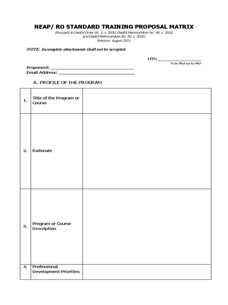 Neap/ Ro Standard Training Proposal Matrix: A. Profile of The Program | PDF | Curriculum | Sex Organ