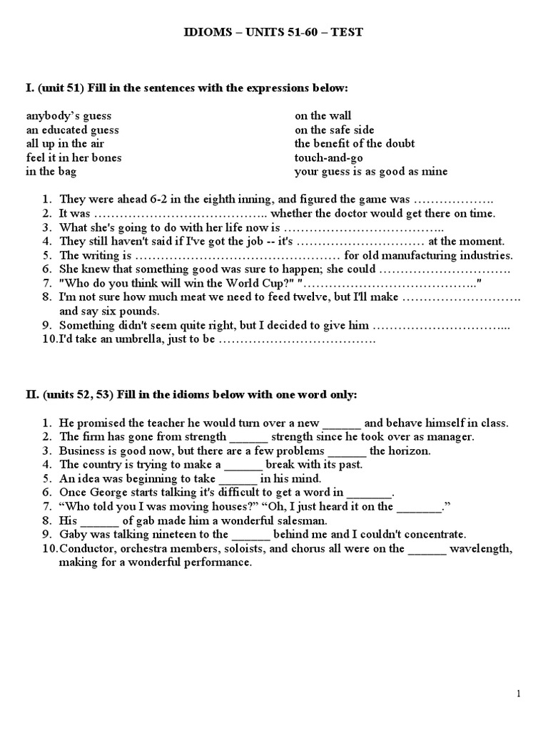Idioms 51-60 Test | PDF