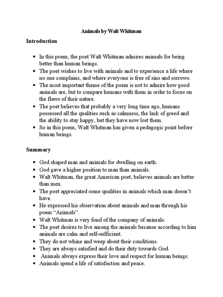 Animals by Walt Whitman | PDF | Human | Walt Whitman