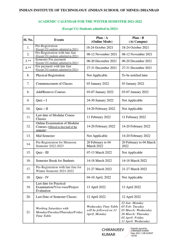 IIT Dhanbad Winter Semester 2021-22 Calendar | PDF | Academic Term ...