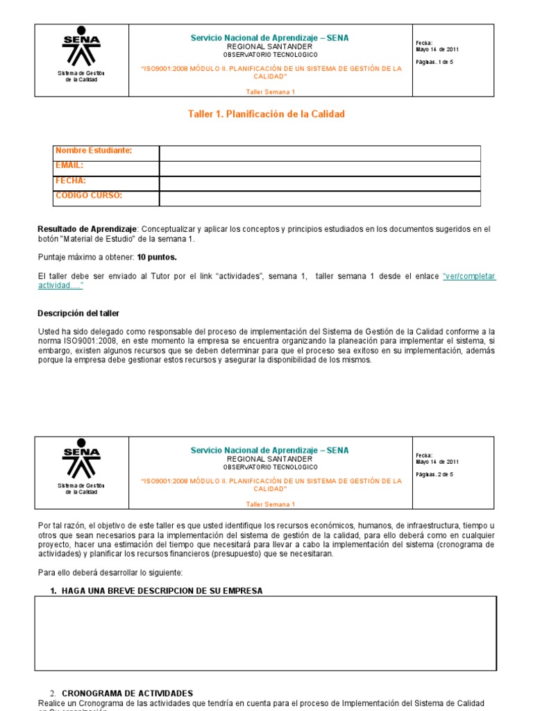 Taller Semana 1 PLANIFICACIÓN | PDF | Calidad (comercial) | Planificación