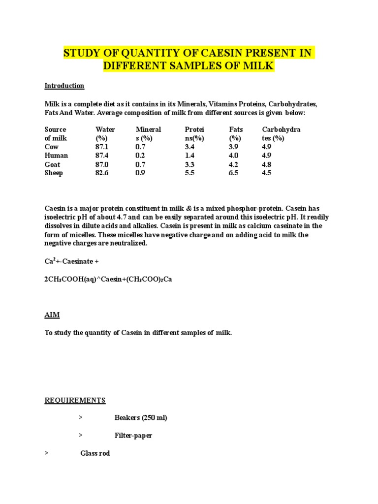 Study of Quantity of Caesin Present in Different Samples of Milk | Download Free PDF | Soap | Milk