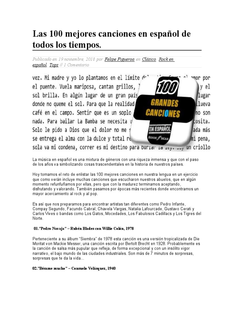 Las 100 Mejores Canciones en Español de Todos Los Tiempos | PDF