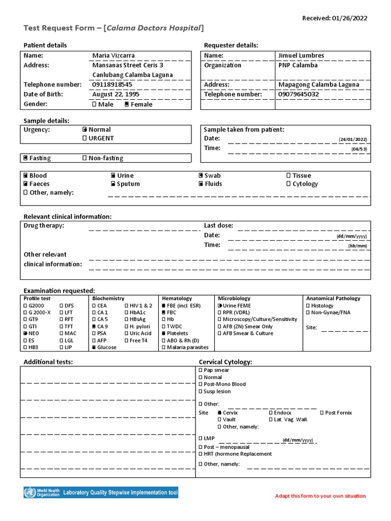 Test Request Form - (Calama Doctors Hospital) : Patient Details ...