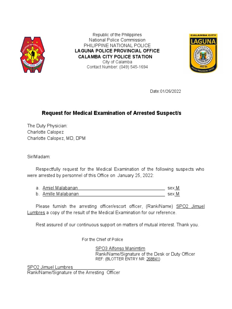Request For Medical Examination For The Arrested Suspect | PDF