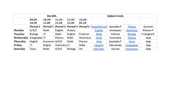 Time Table 2021-22 - Std.10 | PDF
