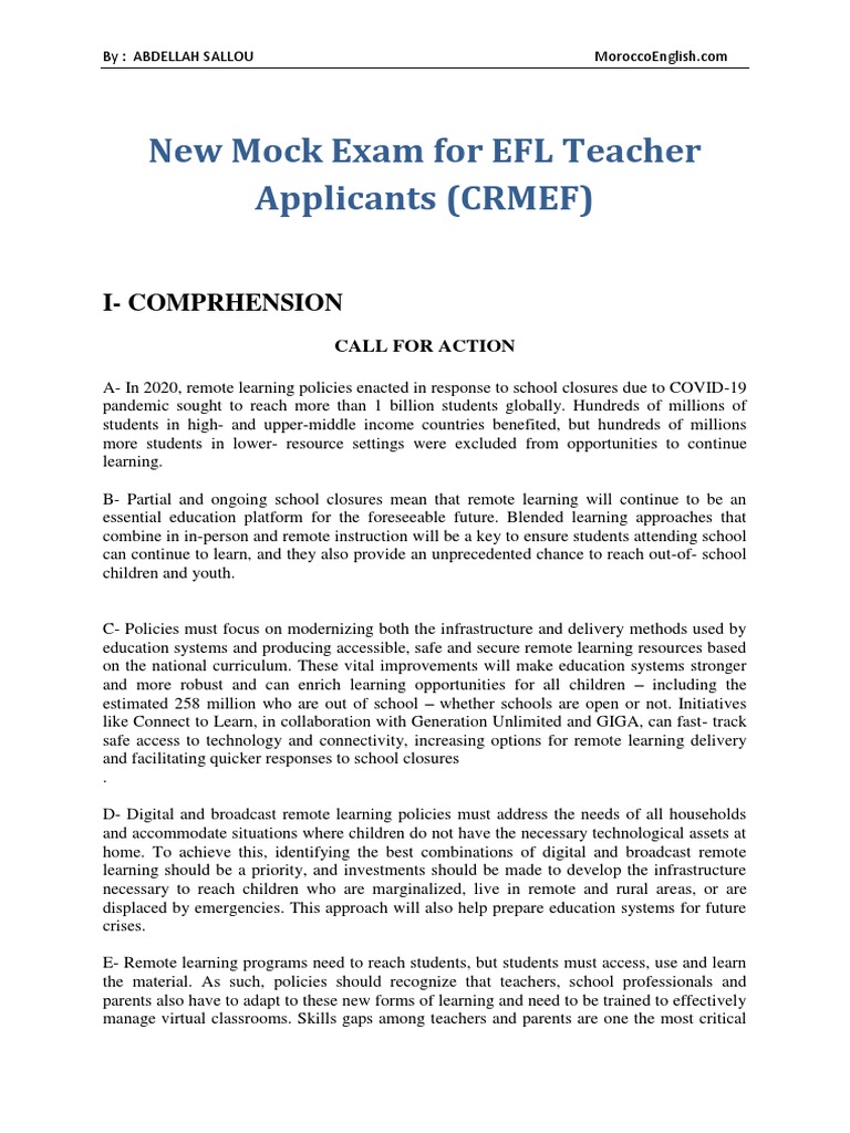 Mock Exams for EFL Teacher Applicants | PDF | Distance Education ...