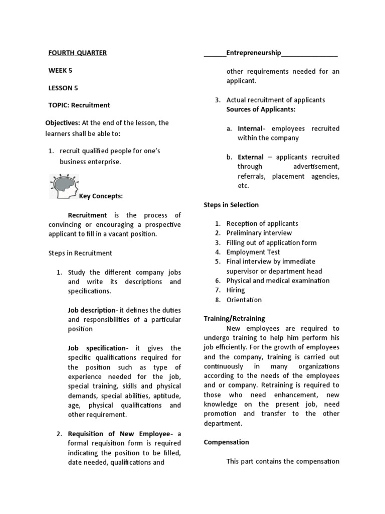 4QWeek5 - Lesson 5-Entrep | PDF | Recruitment | Employment