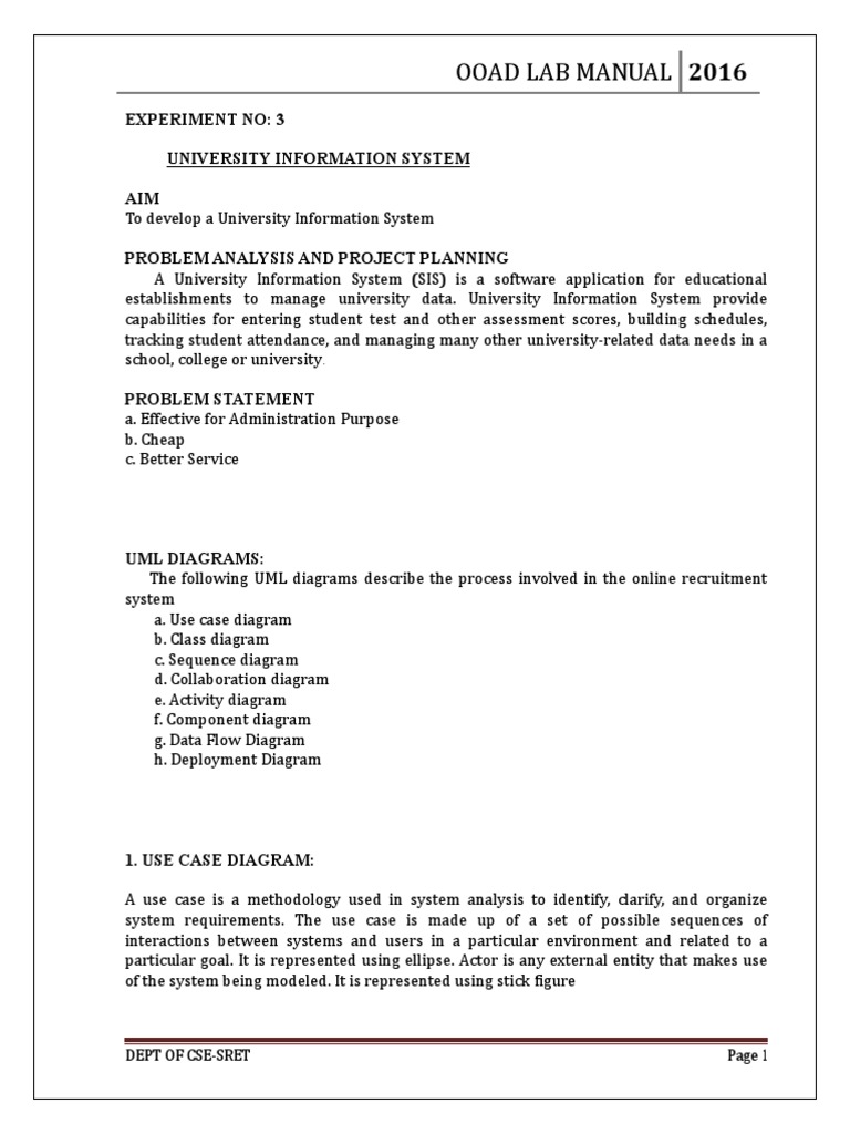 Ooad Lab Manual 2016: Experiment No: 3 University Information System AIM Problem Analysis and ...