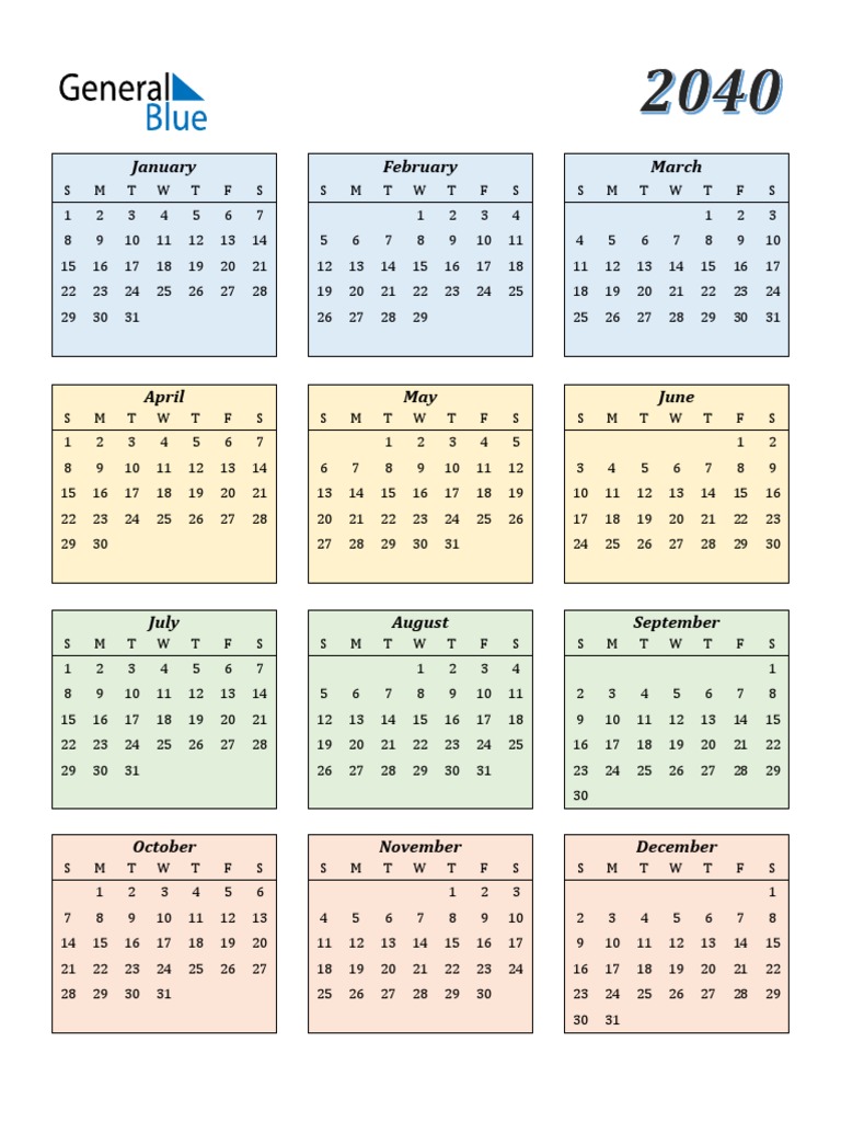2040 Calendar Streamlined Colored Portrait | PDF