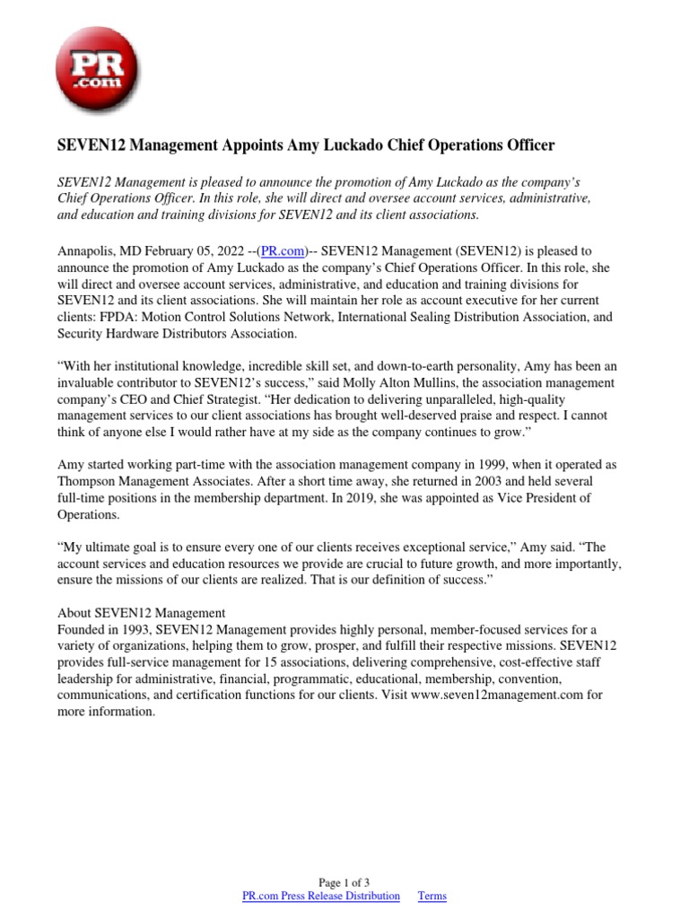 SEVEN12 Management Appoints Amy Luckado Chief Operations Officer | PDF ...