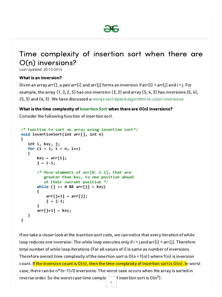 Time Complexity of Insertion Sort | PDF