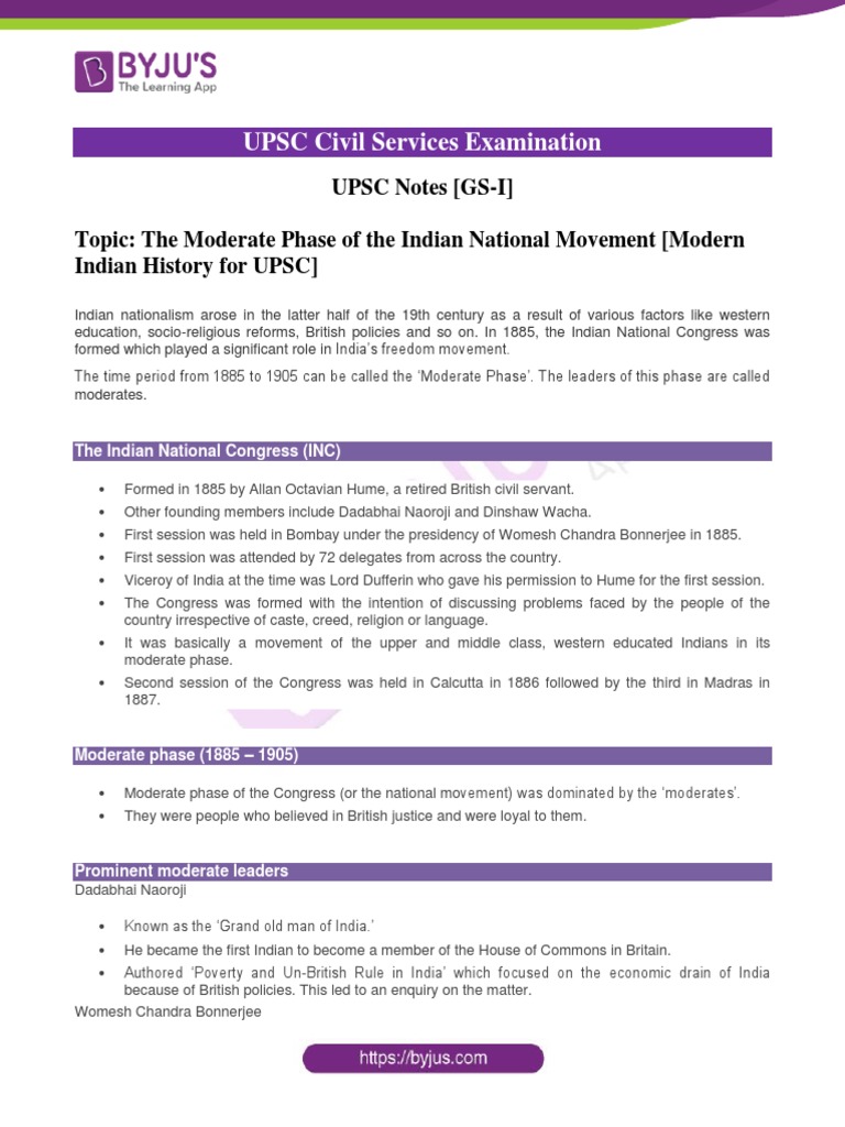 The Moderate Phase of The Indian National Movement Modern Indian ...