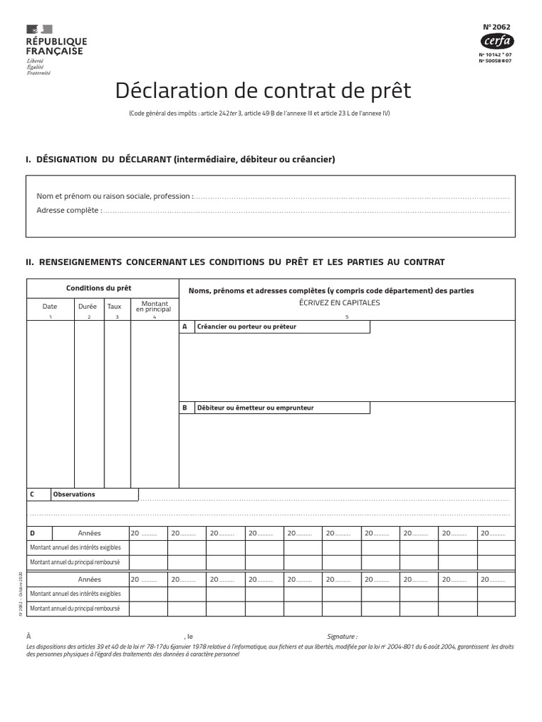 Déclaration de Contrat de Prêt: I. DÉSIGNATION DU DÉCLARANT (Intermédiaire, Débiteur Ou ...