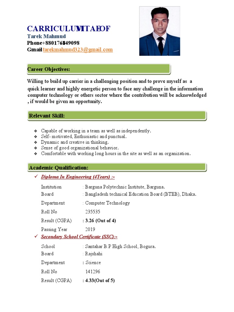 CV - of TAREK MAHMUD | PDF | Bangladesh | Learning