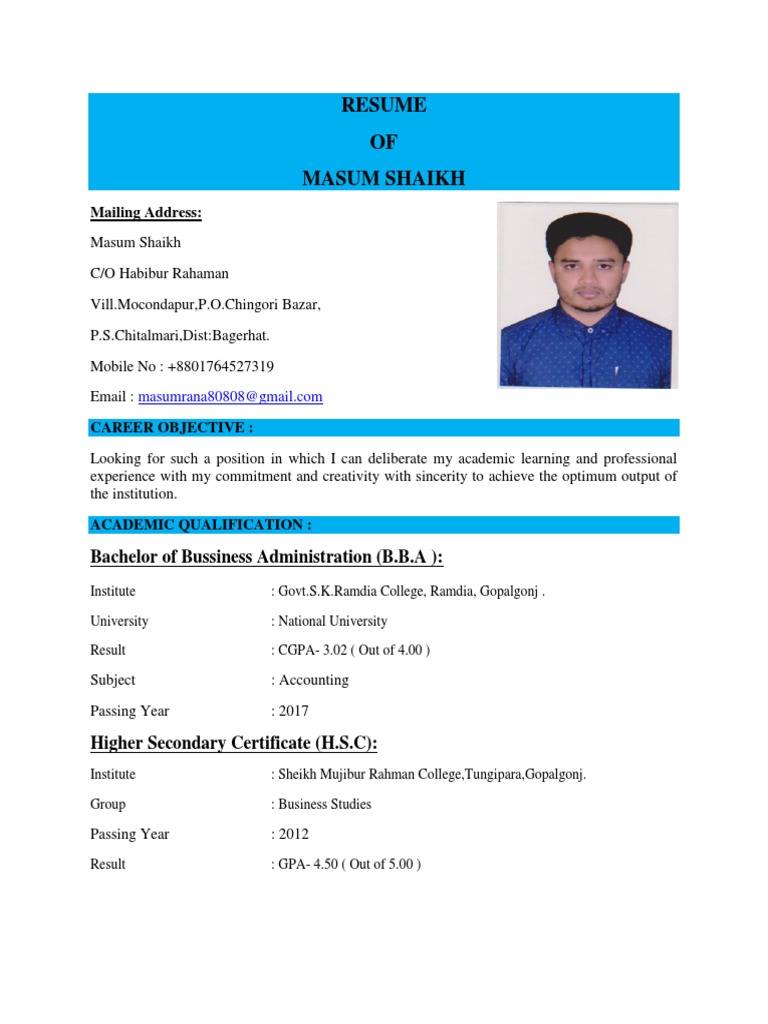 Resume OF Masum Shaikh: Mailing Address | PDF | Cognition | Behavior Modification