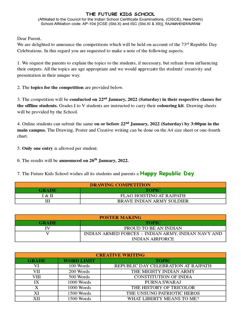 Future Kids School announces Republic Day competitions | PDF