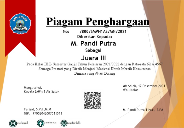 Piagam Penghargaan Juara Kelas | PDF