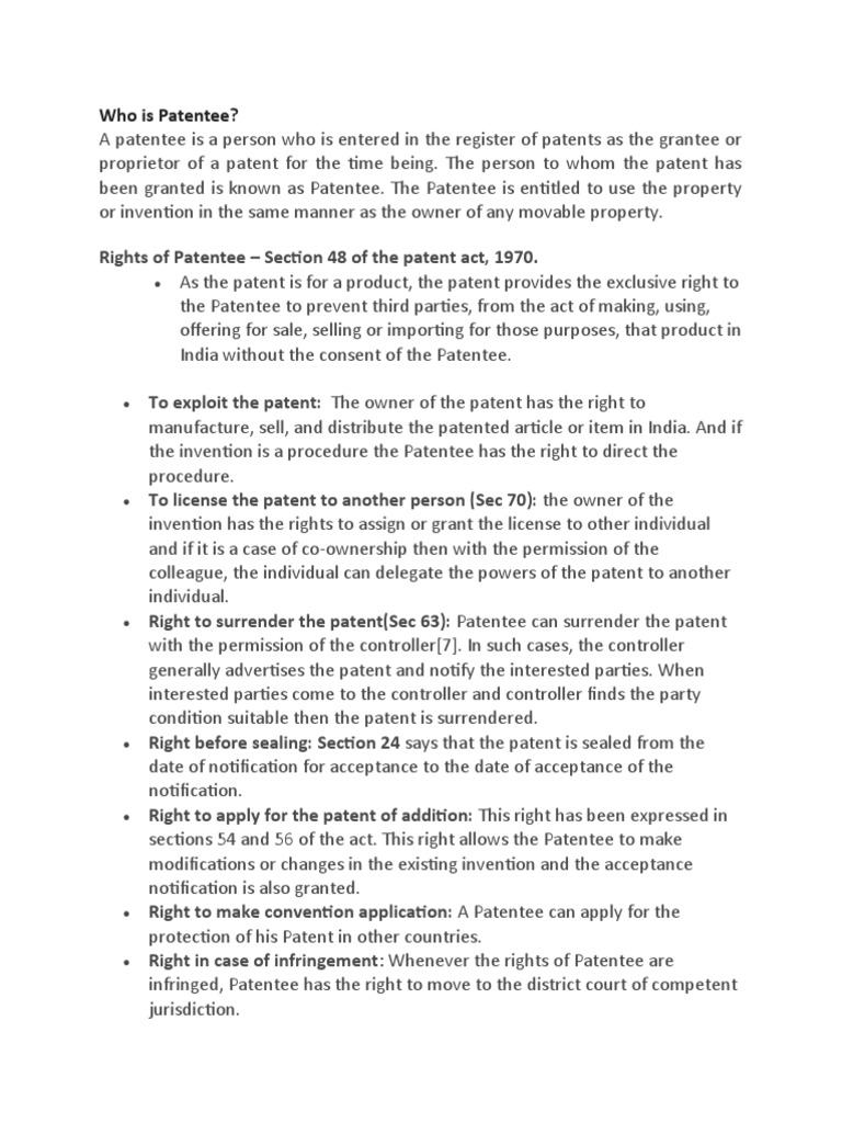 Patentee's Right | PDF | Glossary Of Patent Law Terms | Patent