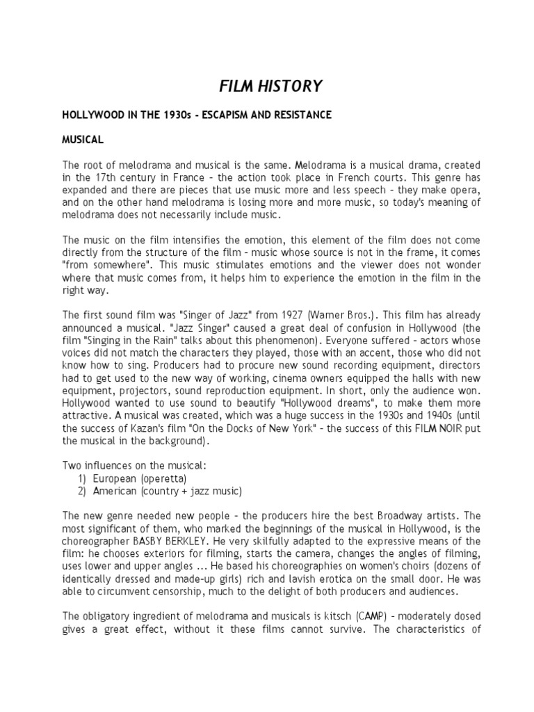 Film History: Hollywood in The 1930S - Escapism and Resistance Musical ...