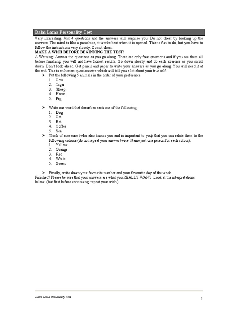 Dalai Lama Personality Test | PDF