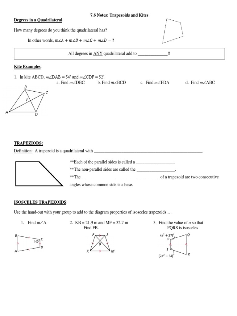 7.6 Notes: Trapezoids and Kites Degrees in A Quadrilateral | PDF
