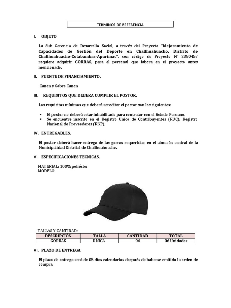 Especificaciones Tecnicas Gorras | PDF