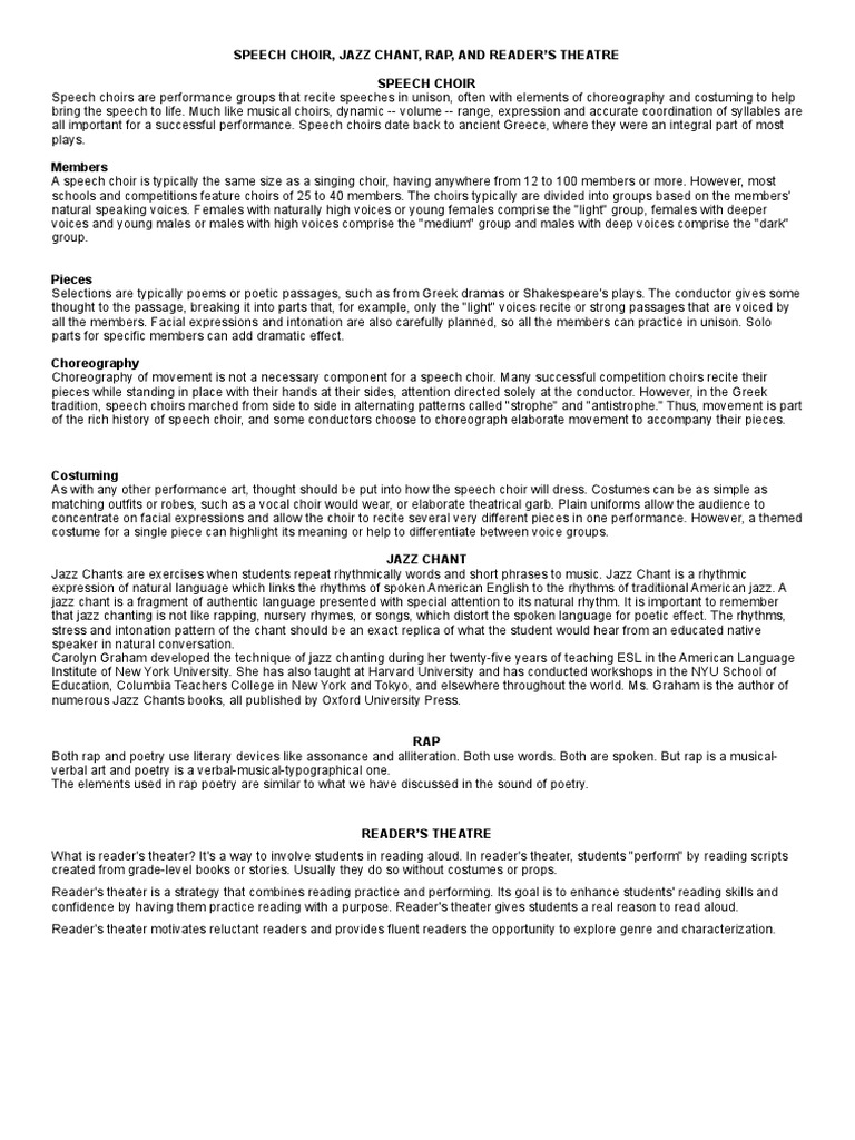 Speech Choir and Jazz Chant Overview | PDF | Choir | Poetry