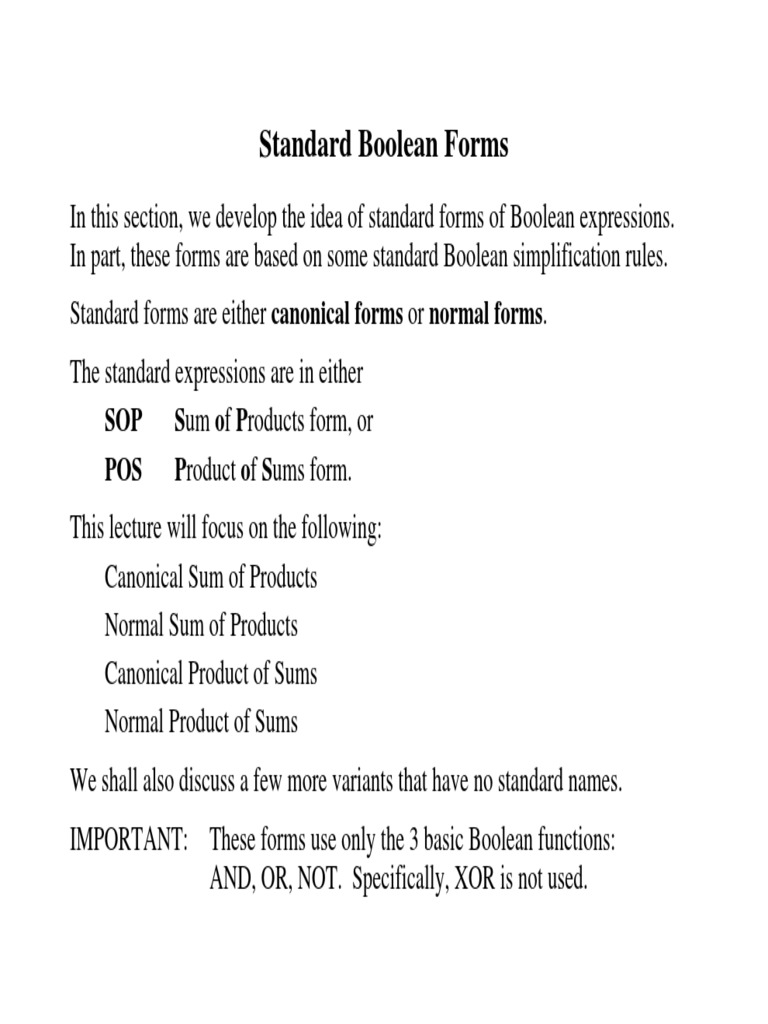 Standard Boolean Forms Sop Sum Of Products Form Or Pos Product Of Sums Form Pdf Logic