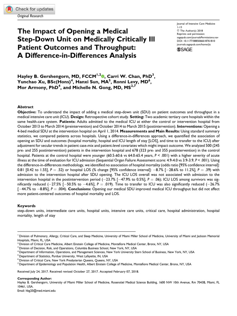 The Impact of Opening A Medical Step-Down Unit On Medically Critically ...