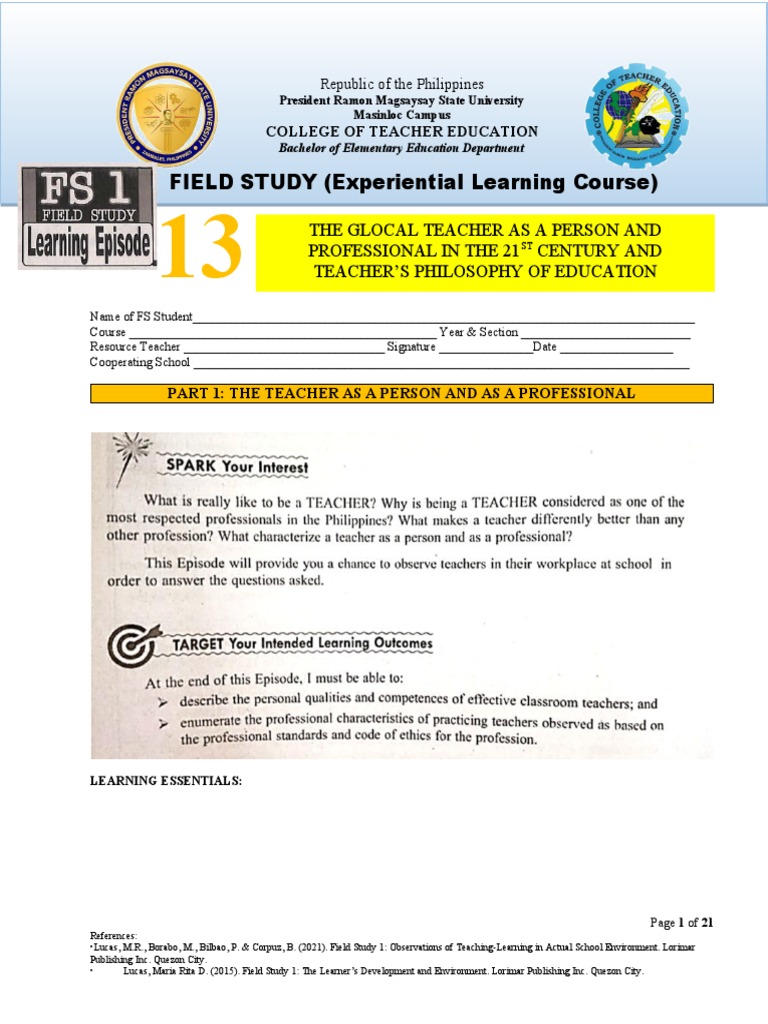 FIELD STUDY (Experiential Learning Course) | PDF | Teaching | Learning