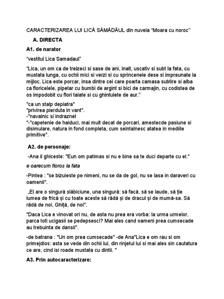 Caracterizarea Lui Lică Sămădăul Din Nuvela | PDF